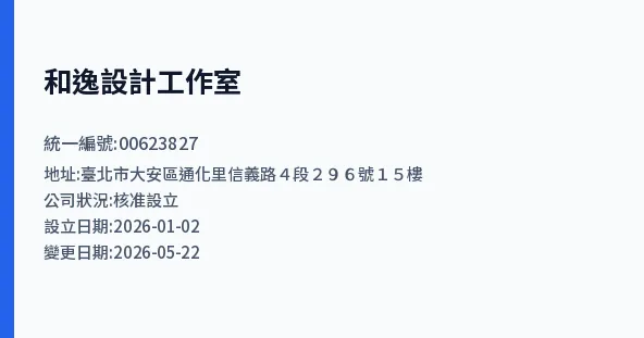 和逸設計工作室的照片-統編 00623827(臺北市) 公司登記資料與營業項目詳細圖表