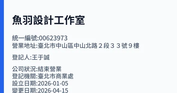 魚羽設計工作室的照片-統編 00623973(臺北市) 公司登記資料與營業項目詳細圖表