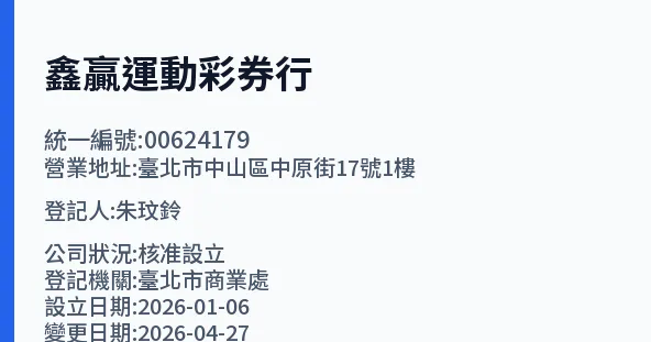 鑫贏運動彩券行的照片-統編 00624179(臺北市) 公司登記資料與營業項目詳細圖表