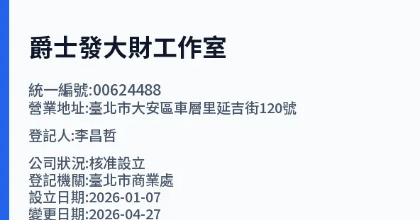爵士發大財工作室的照片-統編 00624488(臺北市) 公司登記資料與營業項目詳細圖表