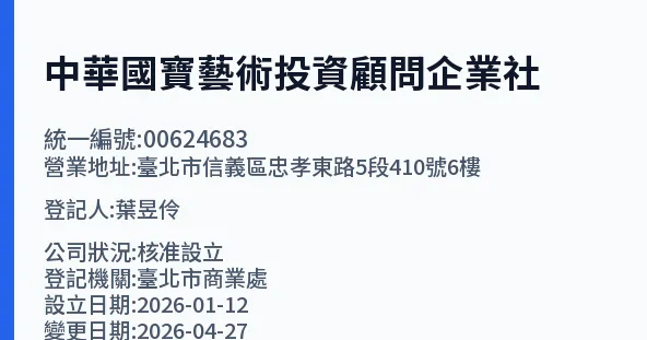 中華國寶藝術投資顧問企業社的照片-統編 00624683(臺北市) 公司登記資料與營業項目詳細圖表