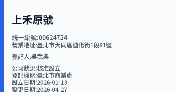 上禾原號的照片-統編 00624754(臺北市) 公司登記資料與營業項目詳細圖表