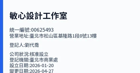 敏心設計工作室的照片-統編 00625493(臺北市) 公司登記資料與營業項目詳細圖表