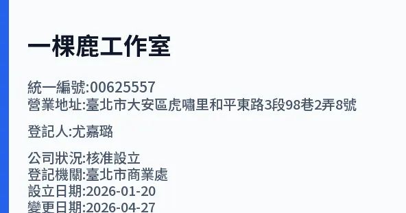 一棵鹿工作室的照片-統編 00625557(臺北市) 公司登記資料與營業項目詳細圖表