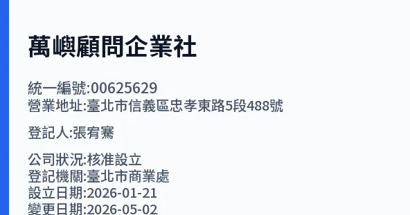 萬嶼顧問企業社的照片-統編 00625629(臺北市) 公司登記資料與營業項目詳細圖表