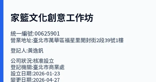 家籃文化創意工作坊的照片-統編 00625901(臺北市) 公司登記資料與營業項目詳細圖表