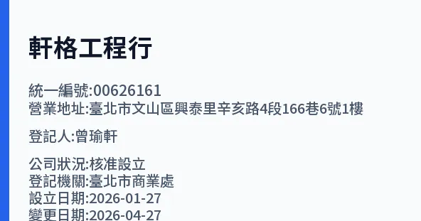 軒格工程行的照片-統編 00626161(臺北市) 公司登記資料與營業項目詳細圖表