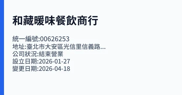 和藏暖味餐飲商行的照片-統編 00626253(臺北市) 公司登記資料與營業項目詳細圖表
