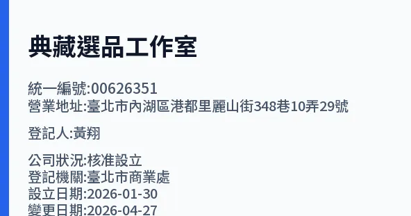 典藏選品工作室的照片-統編 00626351(臺北市) 公司登記資料與營業項目詳細圖表