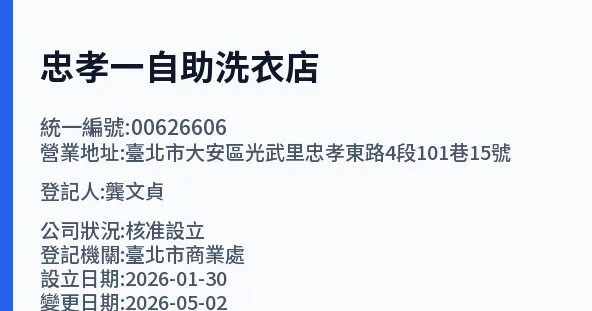 忠孝一自助洗衣店的照片-統編 00626606(臺北市) 公司登記資料與營業項目詳細圖表