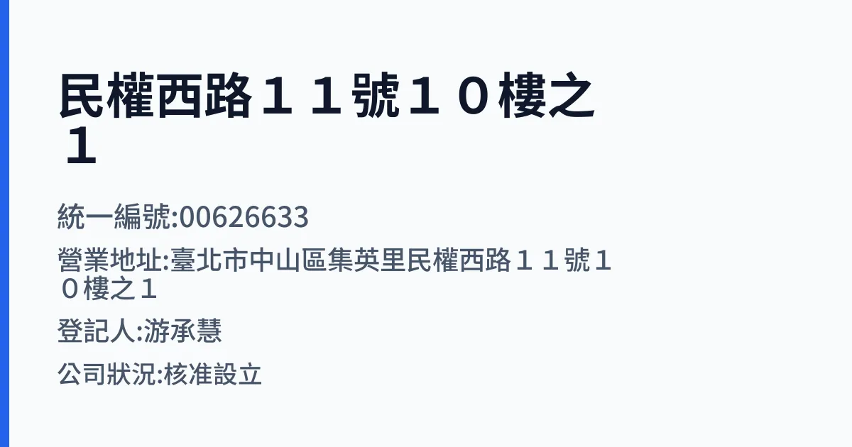 民權西路11號10樓之1 - 統編 00626633(臺北市) 公司登記資料與營業項目詳細圖表