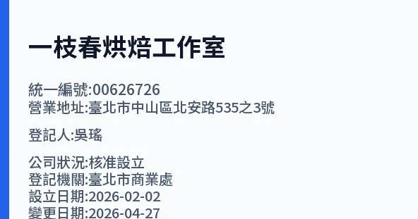 一枝春烘焙工作室的照片-統編 00626726(臺北市) 公司登記資料與營業項目詳細圖表