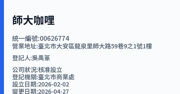 師大咖哩的照片-統編 00626774(臺北市) 公司登記資料與營業項目詳細圖表