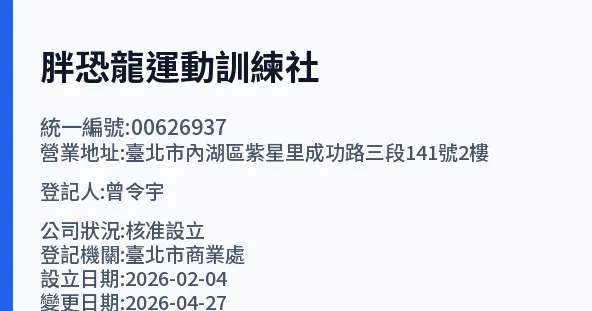 胖恐龍運動訓練社的照片-統編 00626937(臺北市) 公司登記資料與營業項目詳細圖表