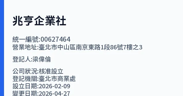 兆亨企業社的照片-統編 00627464(臺北市) 公司登記資料與營業項目詳細圖表