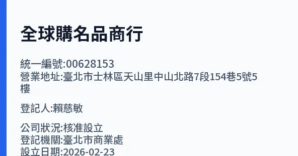 全球購名品商行的照片-統編 00628153(臺北市) 公司登記資料與營業項目詳細圖表