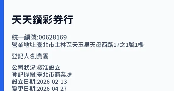 天天鑽彩券行的照片-統編 00628169(臺北市) 公司登記資料與營業項目詳細圖表