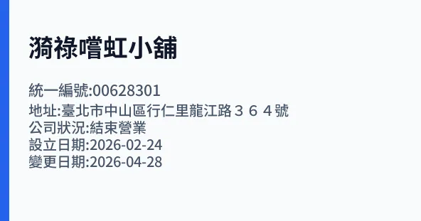 漪祿嚐虹小舖的照片-統編 00628301(臺北市) 公司登記資料與營業項目詳細圖表