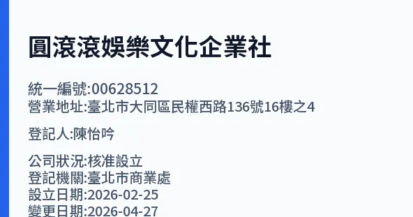 圓滾滾娛樂文化企業社的照片-統編 00628512(臺北市) 公司登記資料與營業項目詳細圖表