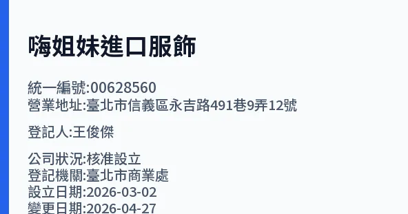 嗨姐妹進口服飾的照片-統編 00628560(臺北市) 公司登記資料與營業項目詳細圖表