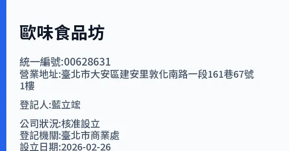 歐味食品坊的照片-統編 00628631(臺北市) 公司登記資料與營業項目詳細圖表