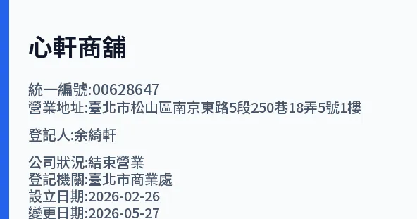 心軒商舖的照片-統編 00628647(臺北市) 公司登記資料與營業項目詳細圖表