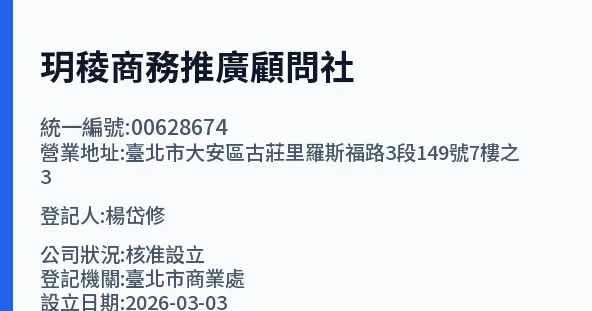 玥稜商務推廣顧問社的照片-統編 00628674(臺北市) 公司登記資料與營業項目詳細圖表