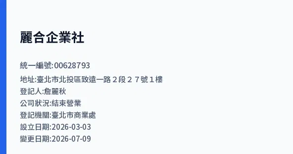 麗合企業社的照片-統編 00628793 公司登記資料與營業項目詳細圖表