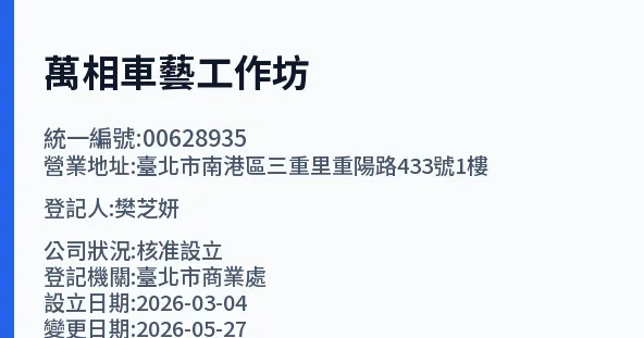 萬相車藝工作坊的照片-統編 00628935(臺北市) 公司登記資料與營業項目詳細圖表