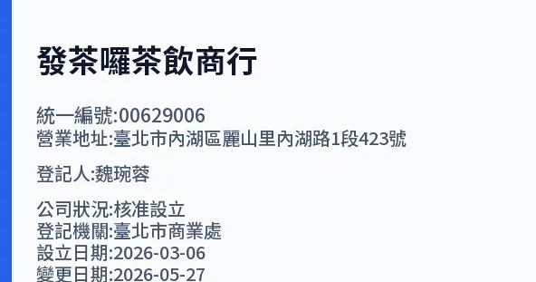 發茶囉茶飲商行的照片-統編 00629006(臺北市) 公司登記資料與營業項目詳細圖表