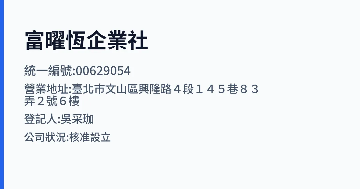 富曜恆企業社 - 統編 00629054(臺北市) 公司登記資料與營業項目詳細圖表