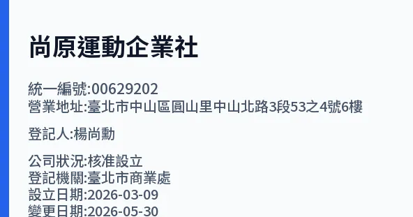 尚原運動企業社的照片-統編 00629202(臺北市) 公司登記資料與營業項目詳細圖表