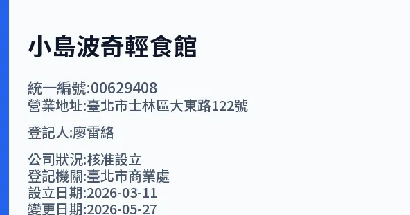 小島波奇輕食館的照片-統編 00629408(臺北市) 公司登記資料與營業項目詳細圖表