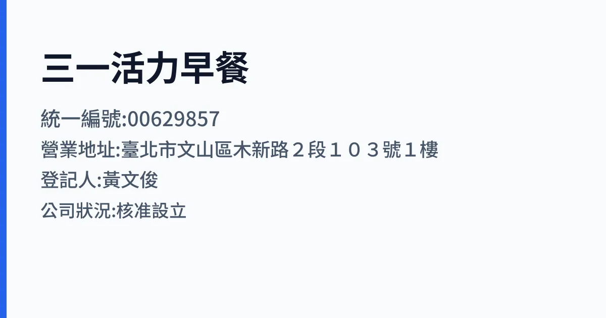 三一活力早餐 - 統編 00629857(臺北市) 公司登記資料與營業項目詳細圖表