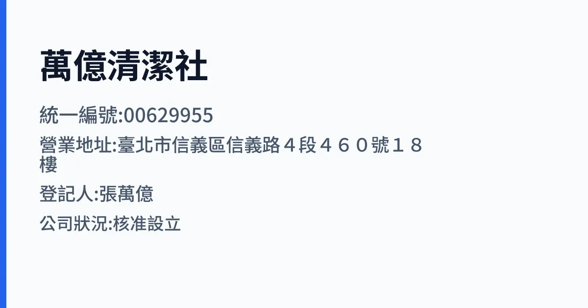 萬億清潔社 - 統編 00629955(臺北市) 公司登記資料與營業項目詳細圖表