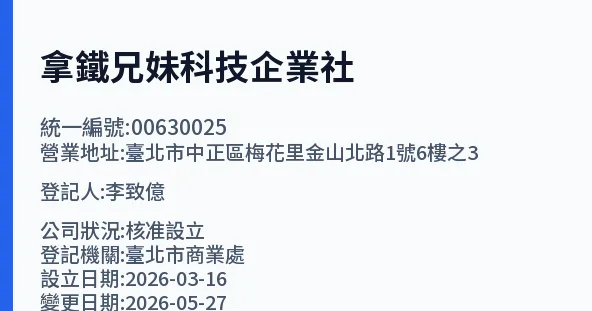 拿鐵兄妹科技企業社的照片-統編 00630025(臺北市) 公司登記資料與營業項目詳細圖表