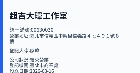 超吉大瑋工作室的照片-統編 00630030(臺北市) 公司登記資料與營業項目詳細圖表