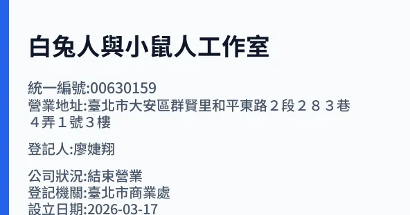 白兔人與小鼠人工作室的照片-統編 00630159(臺北市) 公司登記資料與營業項目詳細圖表