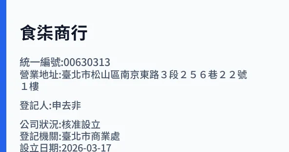 食柒商行的照片-統編 00630313(臺北市) 公司登記資料與營業項目詳細圖表