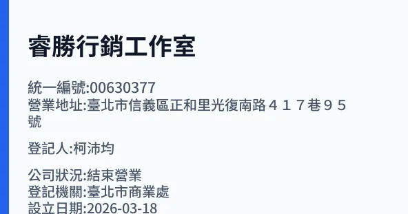 睿勝行銷工作室的照片-統編 00630377(臺北市) 公司登記資料與營業項目詳細圖表
