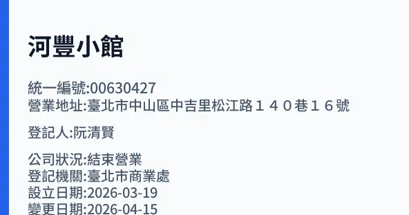 河豐小館的照片-統編 00630427(臺北市) 公司登記資料與營業項目詳細圖表
