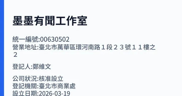 墨墨有聞工作室的照片-統編 00630502(臺北市) 公司登記資料與營業項目詳細圖表
