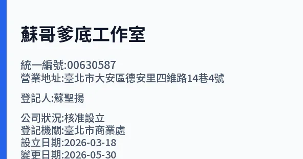 蘇哥爹底工作室的照片-統編 00630587(臺北市) 公司登記資料與營業項目詳細圖表