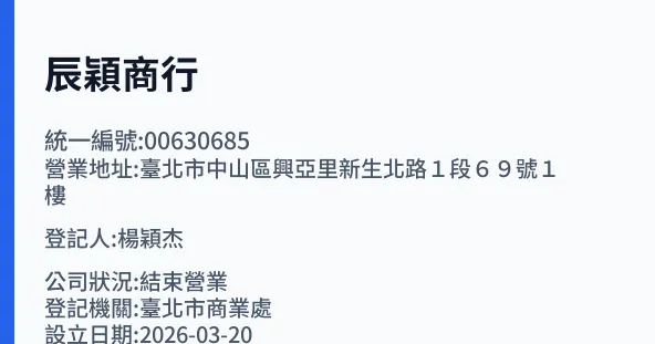 辰穎商行的照片-統編 00630685(臺北市) 公司登記資料與營業項目詳細圖表