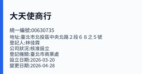大天使商行的照片-統編 00630735(臺北市) 公司登記資料與營業項目詳細圖表