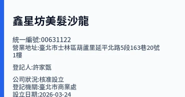 鑫星坊美髮沙龍的照片-統編 00631122(臺北市) 公司登記資料與營業項目詳細圖表