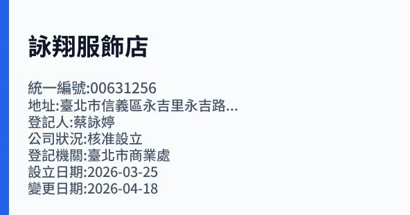 詠翔服飾店的照片-統編 00631256(臺北市) 公司登記資料與營業項目詳細圖表