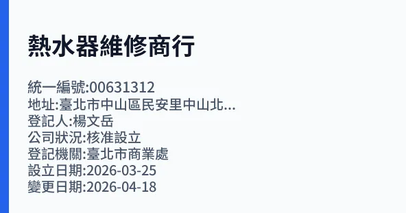 熱水器維修商行的照片-統編 00631312(臺北市) 公司登記資料與營業項目詳細圖表