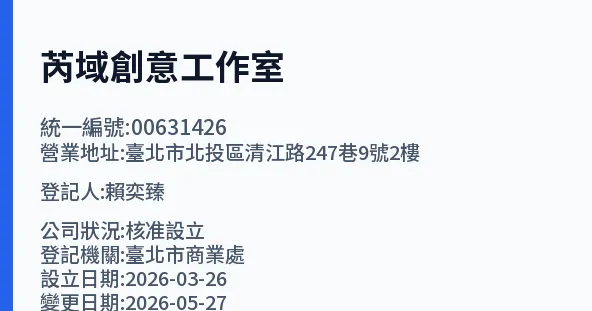 芮域創意工作室的照片-統編 00631426(臺北市) 公司登記資料與營業項目詳細圖表