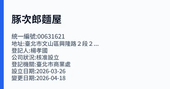 豚次郎麵屋的照片-統編 00631621(臺北市) 公司登記資料與營業項目詳細圖表